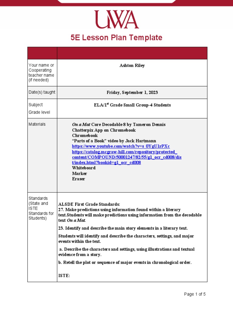 5E Lesson Plan Template: Your Name or Cooperating Teacher Name (If ...