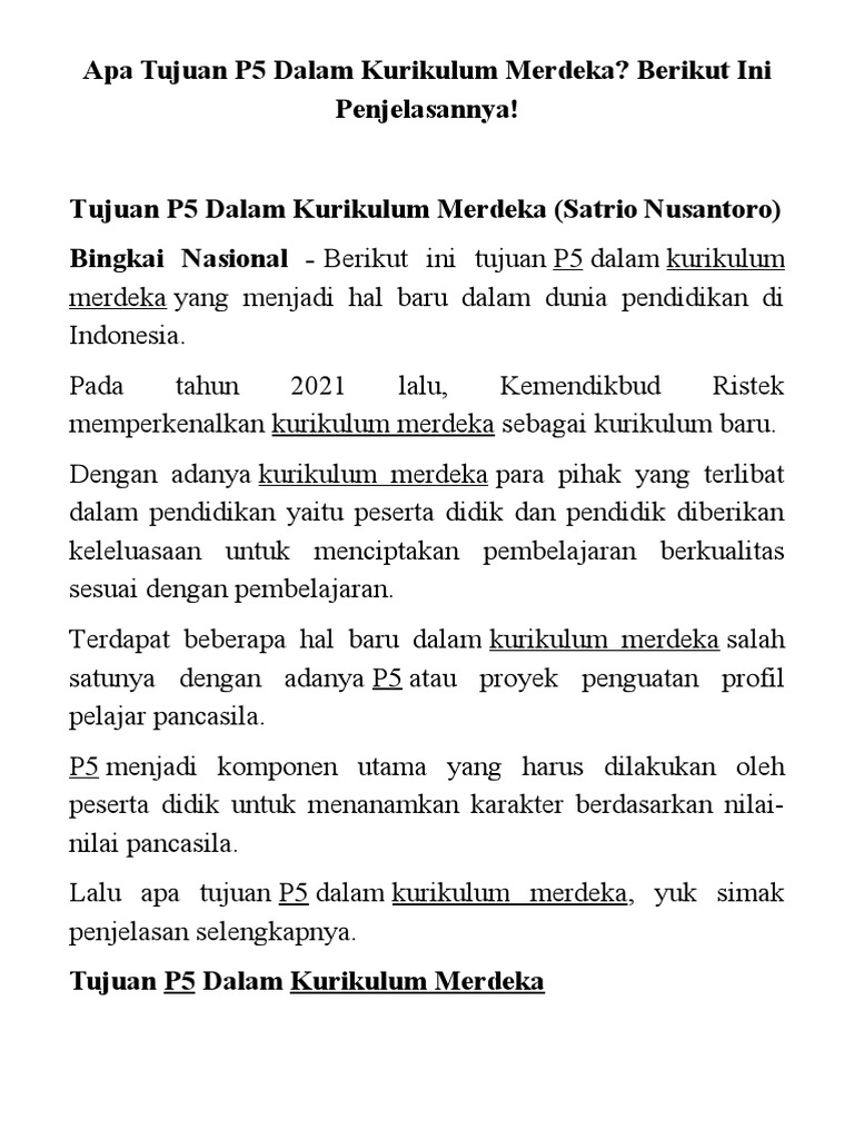 Tujuan P5 dalam Kurikulum Merdeka | PDF | Karier & Perkembangan | Ilmu ...