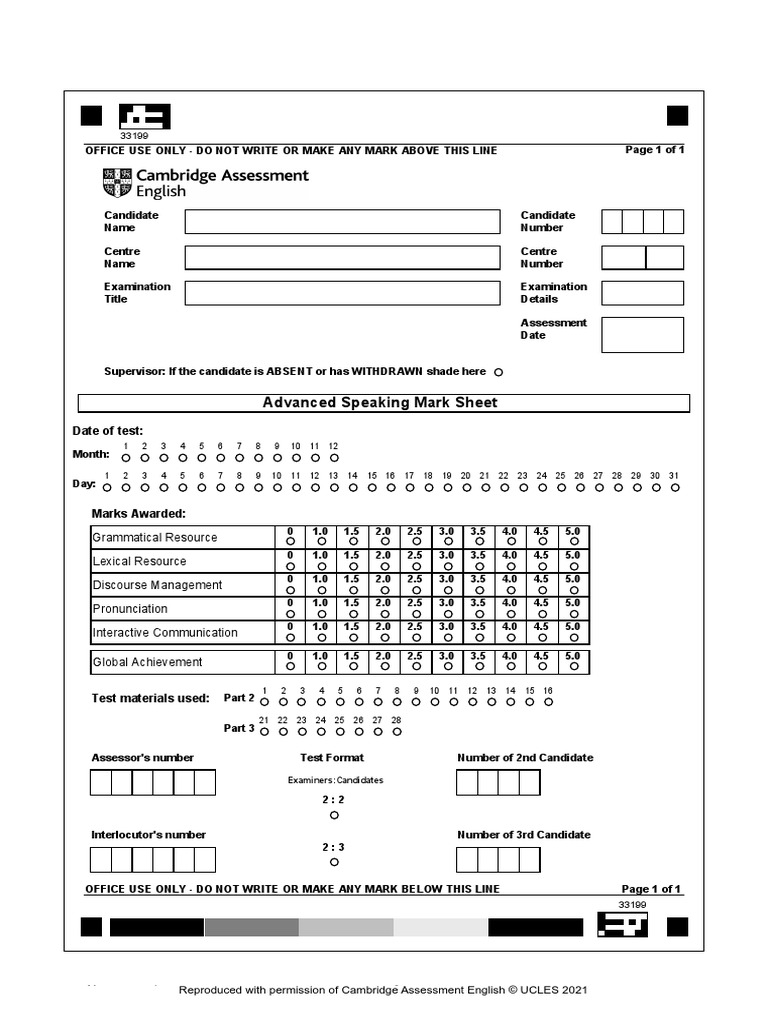 Cambridge Advanced Speaking Mark Sheet | PDF