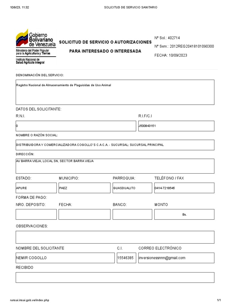 Solicitud de Servicio Sanitarios Runsai | PDF | Industrias de servicio