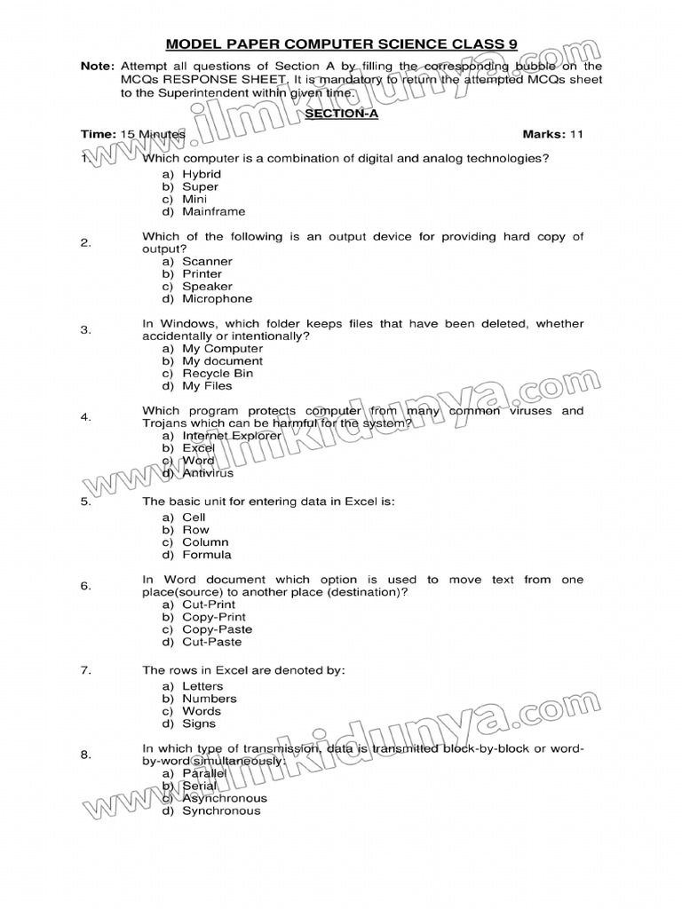 9th Computer Science Model Paper - PDF 1 | PDF