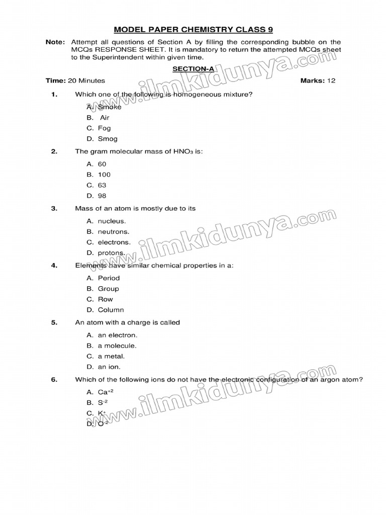 9th Chemistry Model Paper 1 | PDF