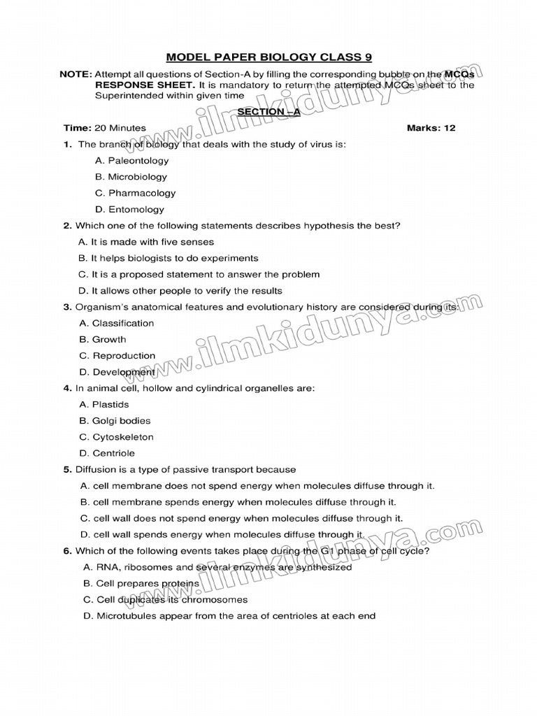 9th Biology Model Paper.1pdf | PDF
