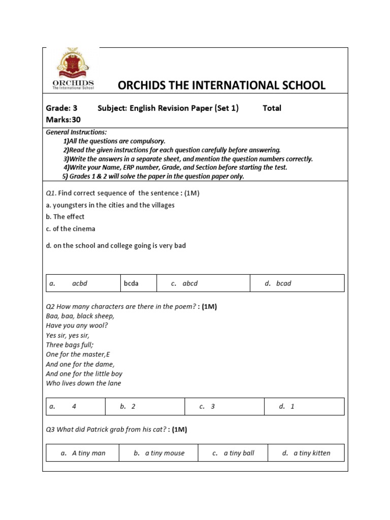 Grade 3 English UT Set 1 Pallagully | PDF