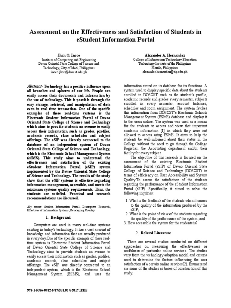 Assessment On The Effectiveness and Satisfaction of Students in | PDF | Information | Databases