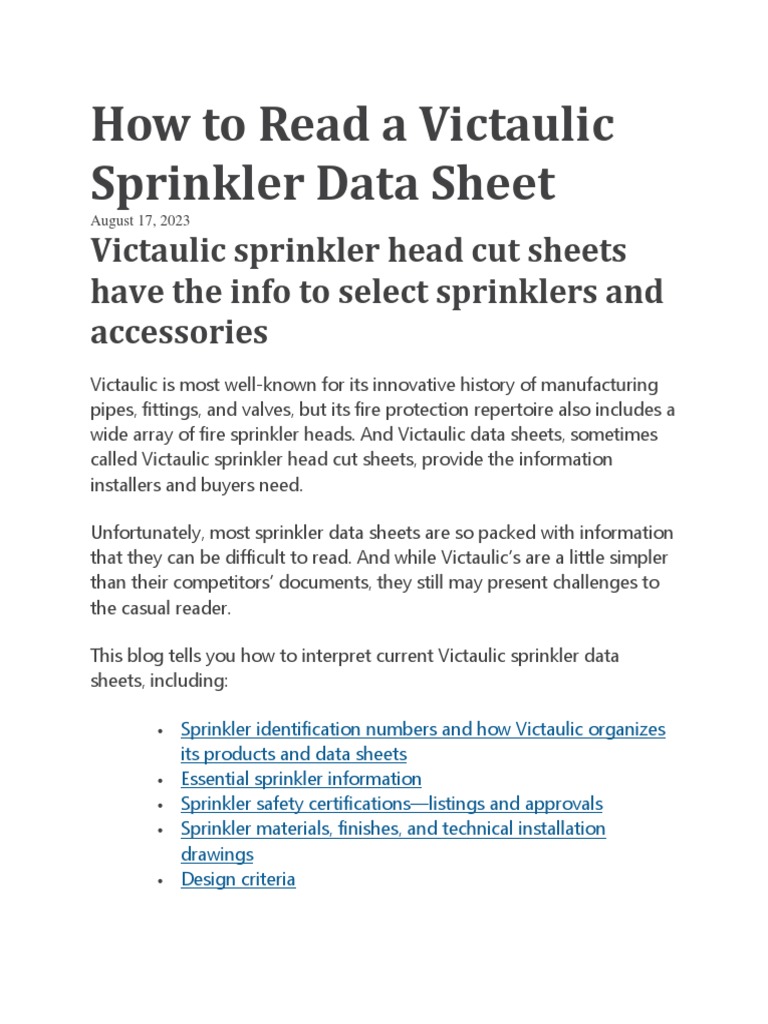 Victaulic Sprinkler Data Sheet | Download Free PDF | Fire Sprinkler ...