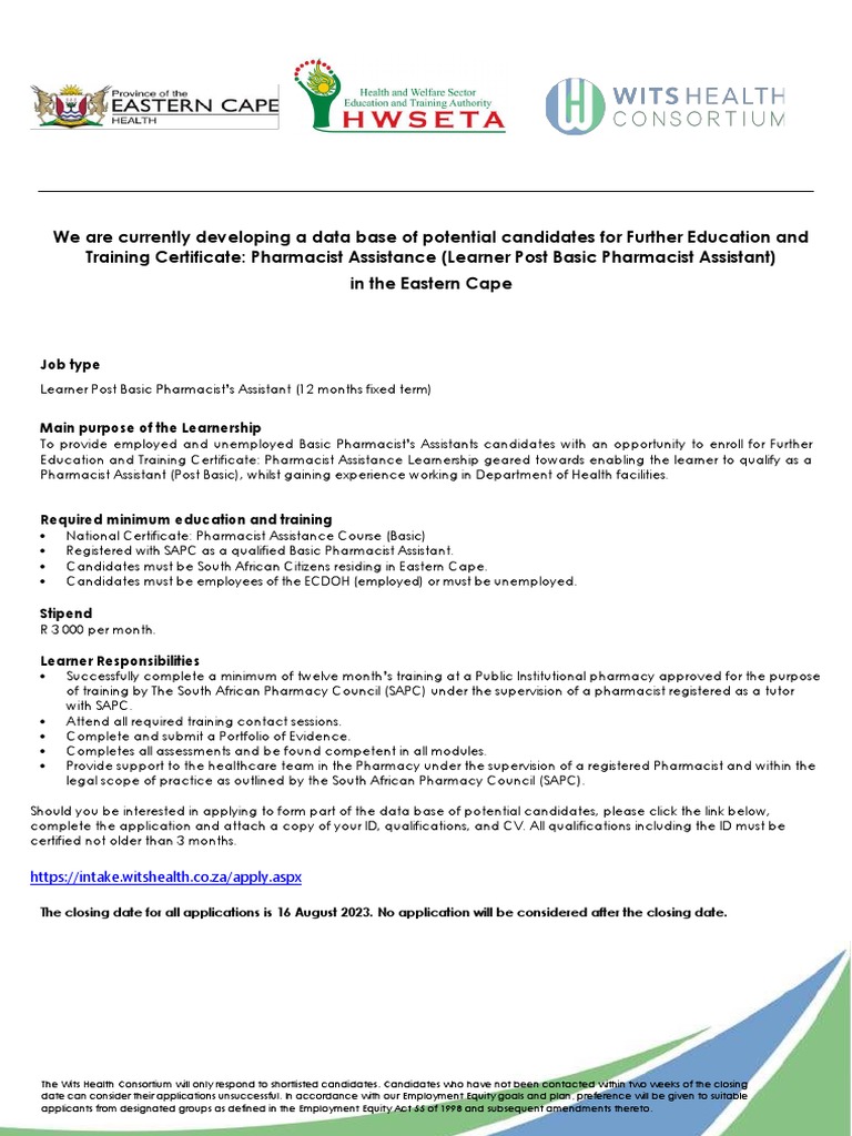 Post Basic Pharmacist Assistant Learnership Opportunity | PDF ...