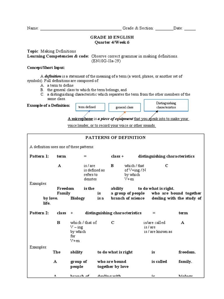 E10 Q4 W6 Observe Correct Grammar in Making Definitions Final 1 | PDF | Verb | Pronoun