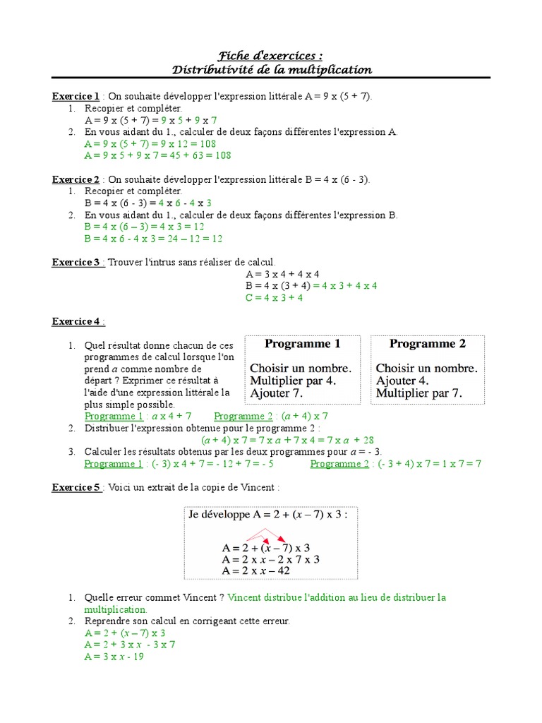 Fiche Exercices Distributivite Correction | PDF