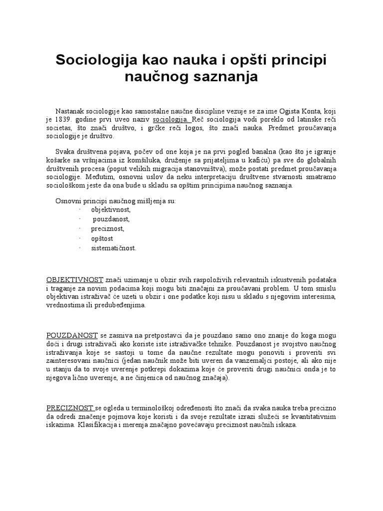 Sociologija Kao Nauka I Opšti Principi Naučnog Saznanja | PDF