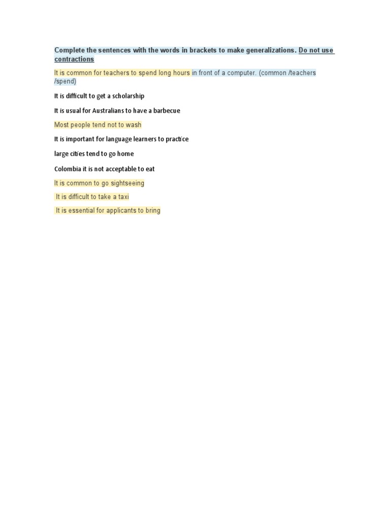 Complete The Sentences With The Words in Brackets To Make Generalizations | PDF
