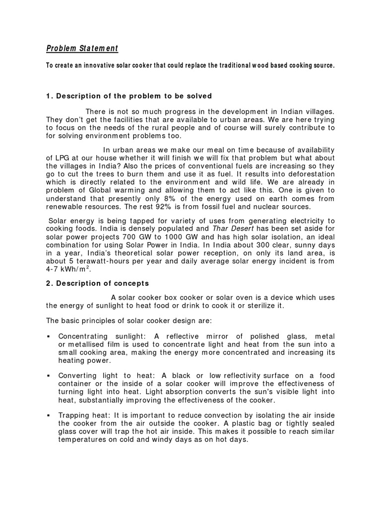 Problem Statement: To Create An Innovative Solar Cooker That Could ...