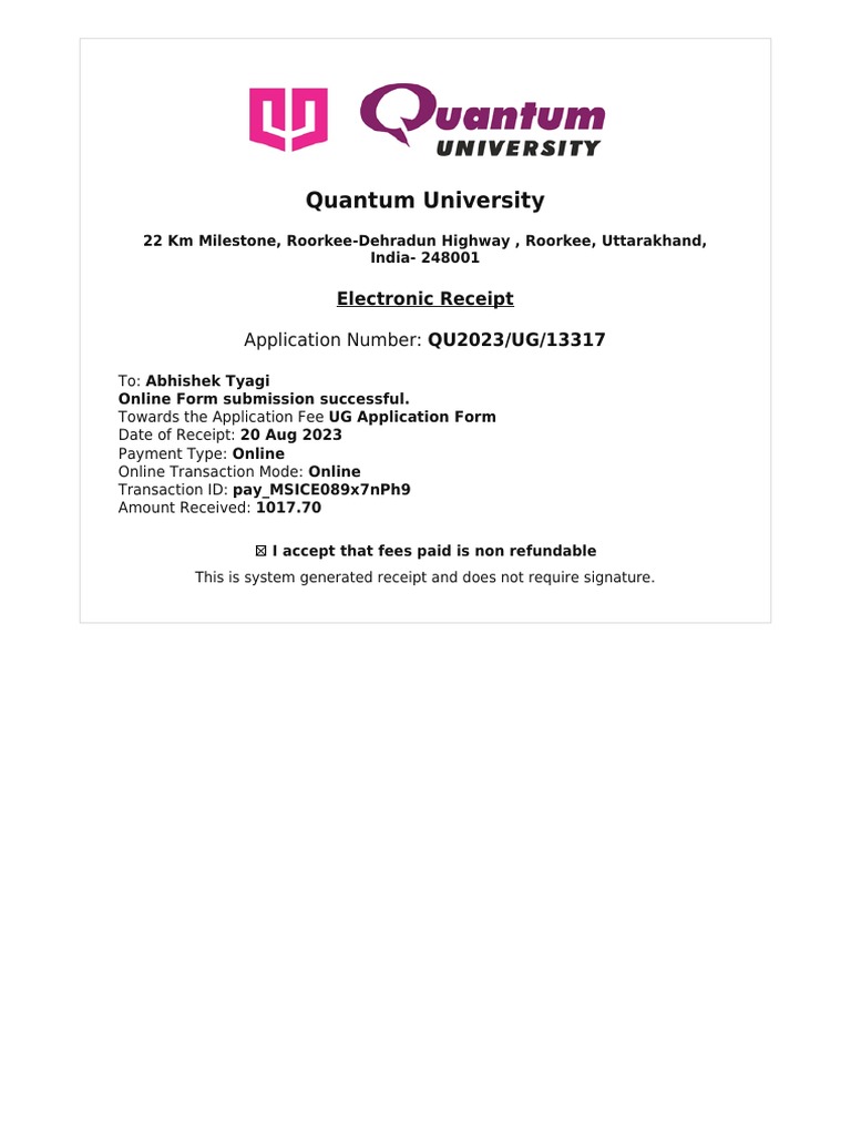 Acknowledgement Receipt QU2023 UG 13317 | PDF