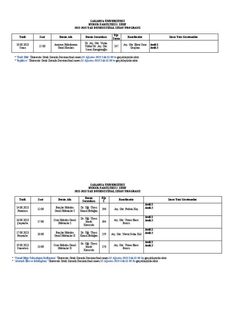 2022-2023 Yaz Do Nemi Final Sinav Programi-1 | PDF