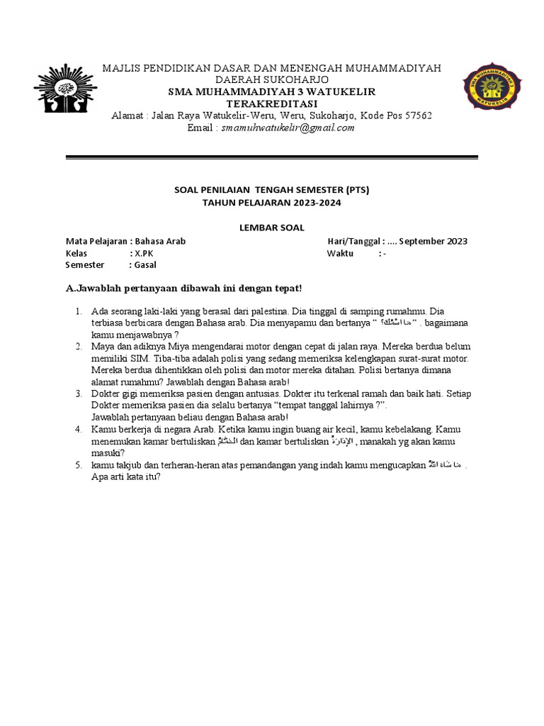 Bahasa Arab Soal PTS Kelas X Gasal | PDF