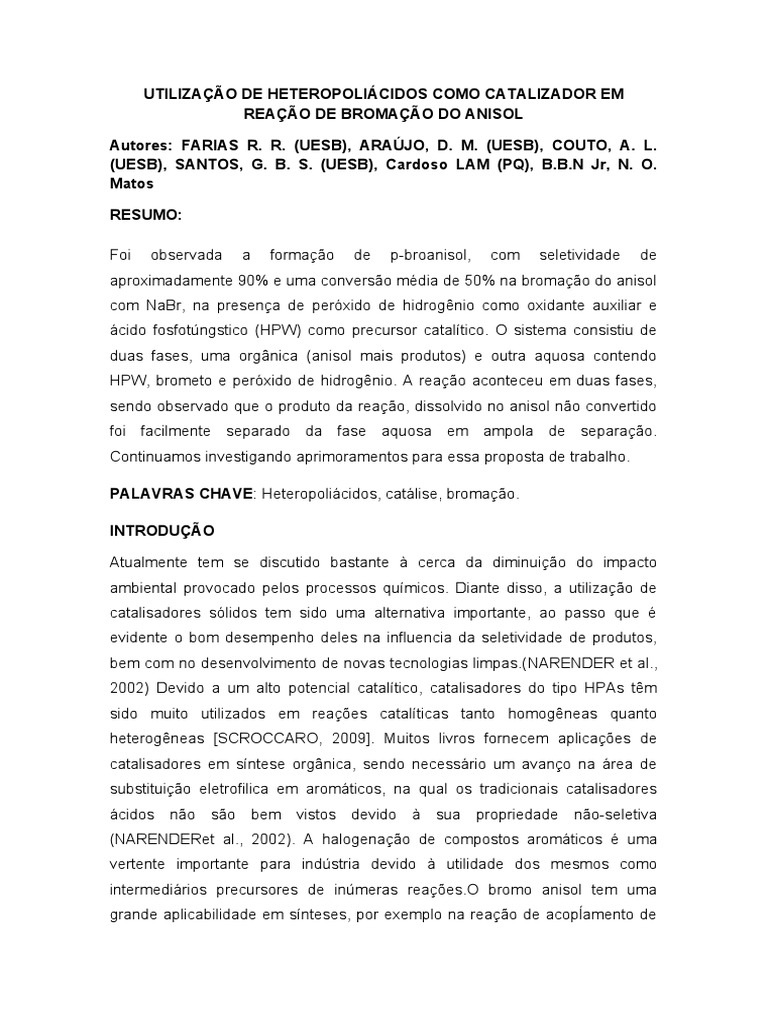 Resumo Expandido CBQ BROMAÇÃO DO ANISOL | PDF | Catálise | Reações químicas