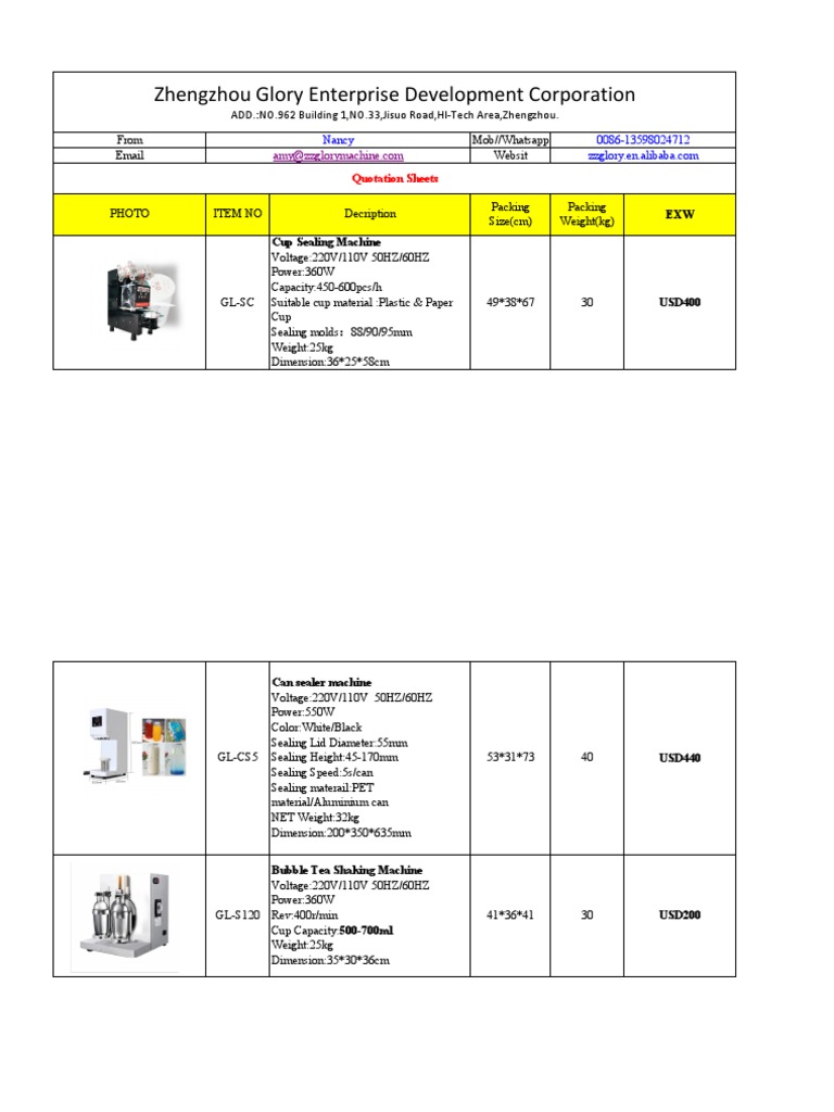 Bubble Tea Shop Equipment Quotation | PDF