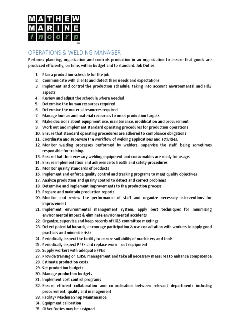 Welding Manager Job Responsibilities | PDF | Business