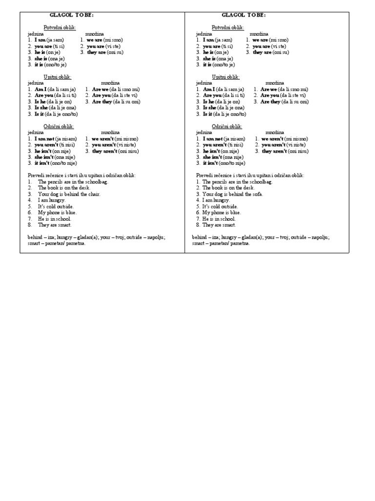 GLAGOL TO BE Tabela Sa Oblicima I Recenicama Za Prevod | PDF