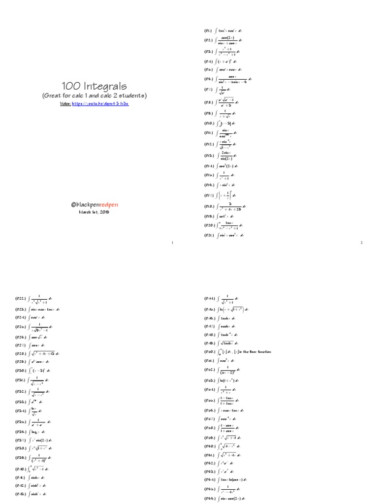 100 Integrals Part 1 Questions | PDF | Trigonometric Functions | Mathematical Relations