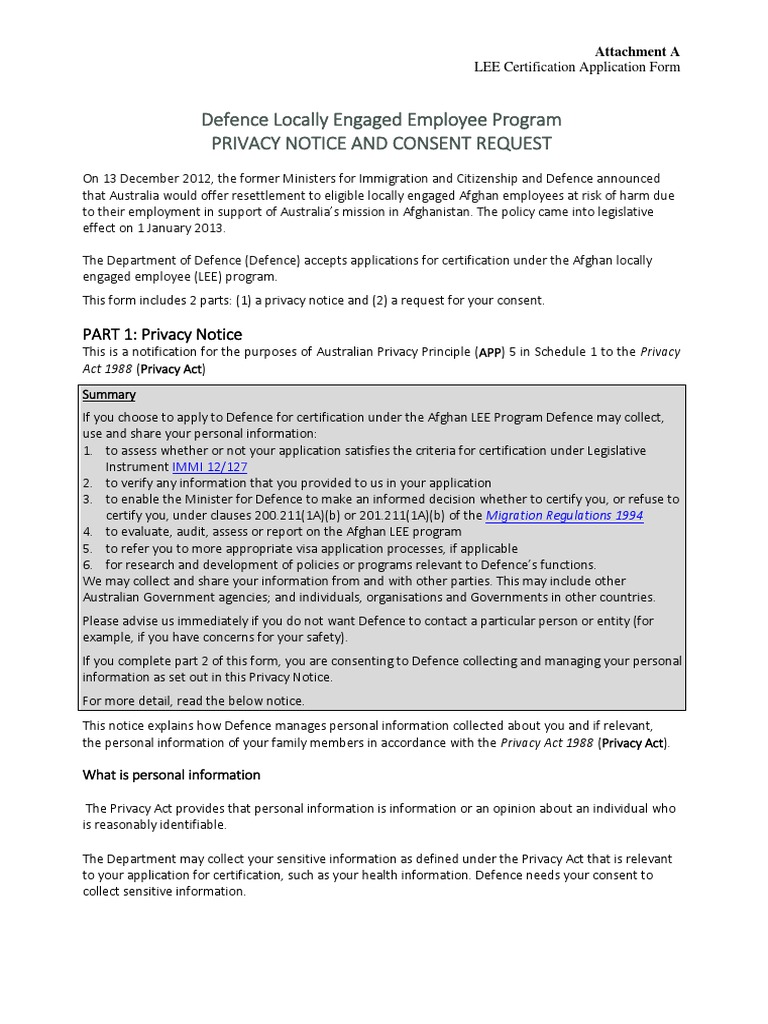 Defence LEE Program - Privacy Notice and Consent Request | PDF ...