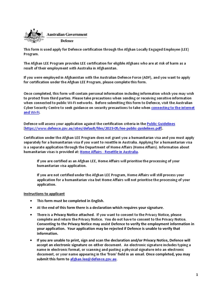 Afghan LEE Certification Form | PDF | Identity Document | Australian ...