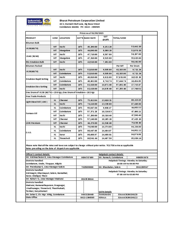 BPCL Price List and Contact Details | PDF | Resource Extraction | Fuel ...