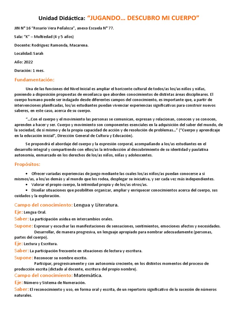 Unidad Didáctica: Descubriendo Mi Cuerpo | PDF | Educación de la ...