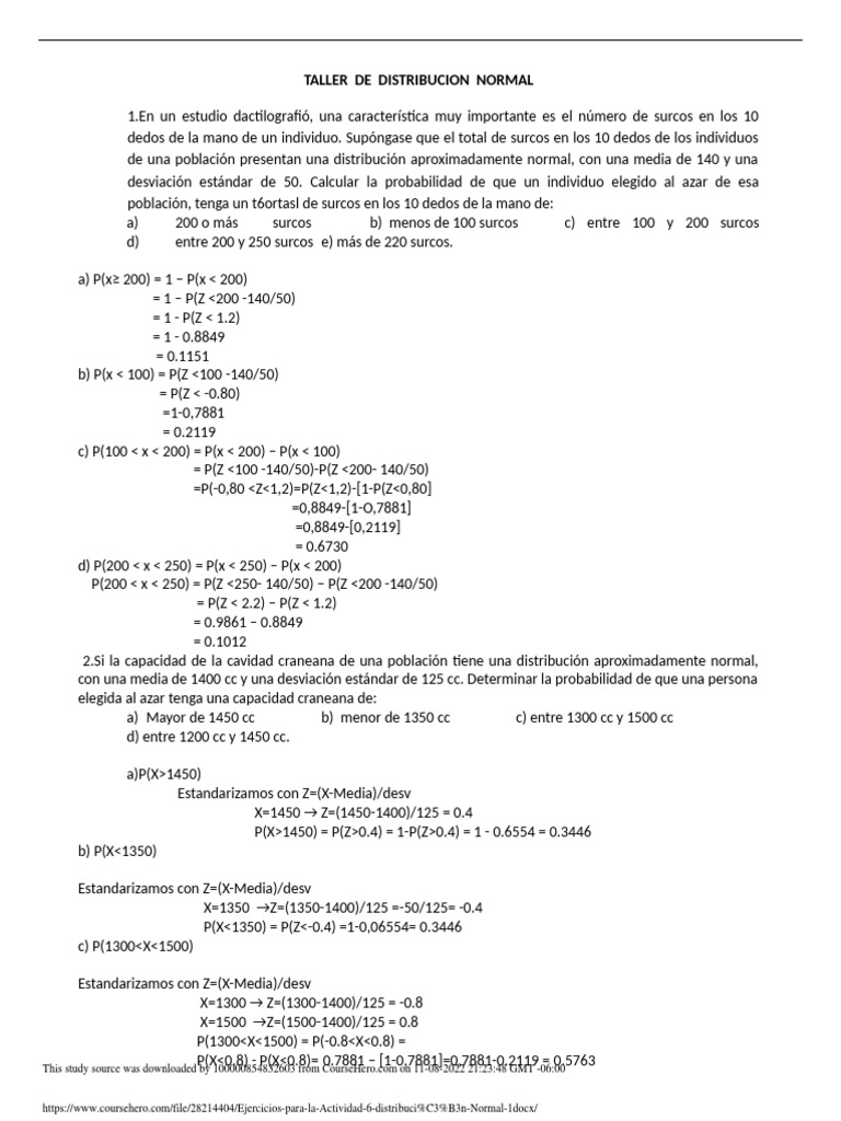 Ejercicios para La Actividad 6 Distribuci N Normal 1 | PDF
