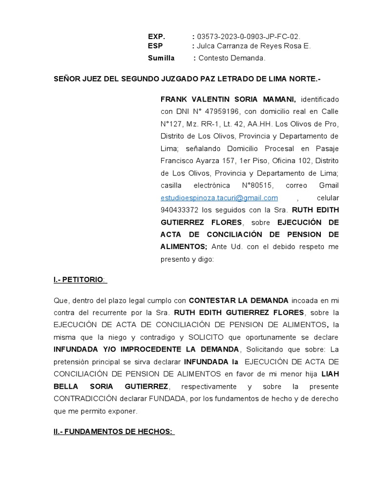 Contestacion de Alimentos Frank Valentin Soria Mamani | PDF | Demanda ...