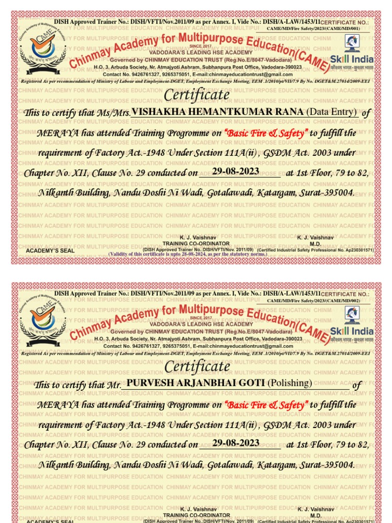 Fire Safety Training Certificate 2023 | PDF | Safety | Labor