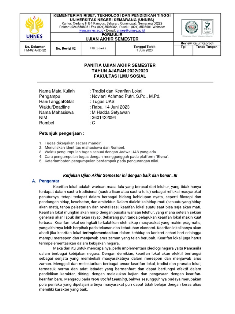 Template Tugas Uas - Tradisi Dan Kearifan Lokal | PDF