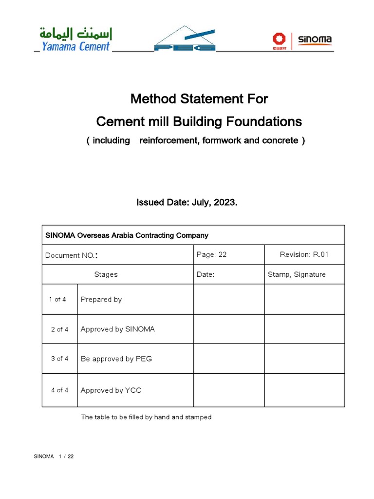 Cement Mill Foundation Method Statement | PDF | Concrete | Safety