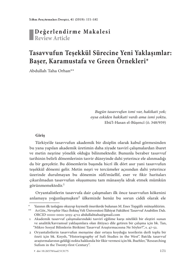 Abdullah Taha Orhan - Tasavvufun Tesekkul Surecine Yeni Yaklasımlar | PDF