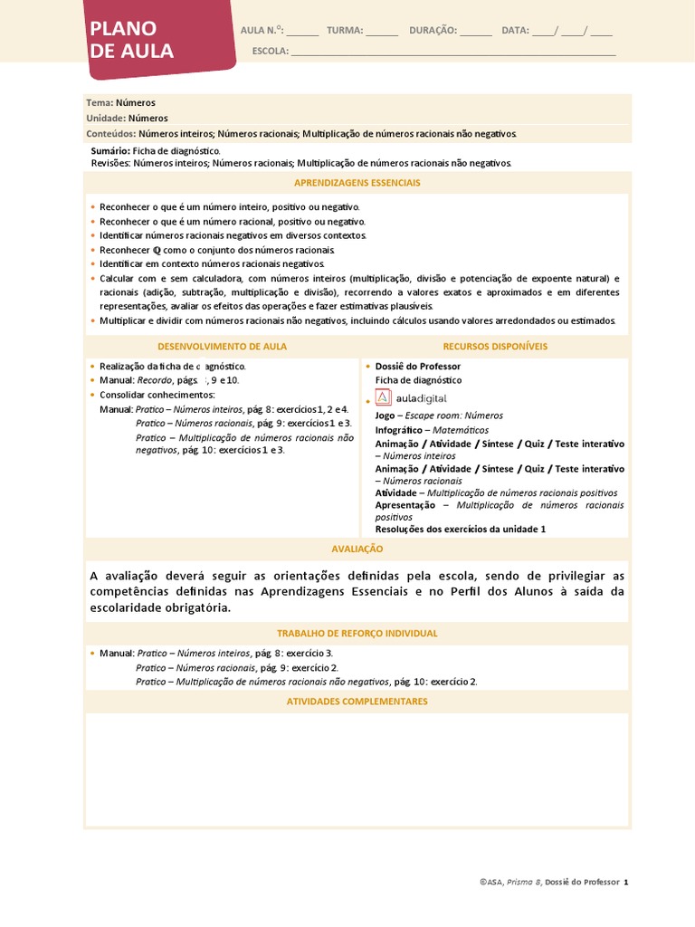 Planos De Aula 1 Números Pdf
