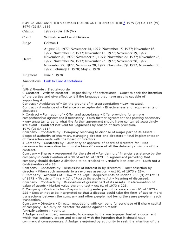 Novick and Another V Comair Holdings LTD and Others | PDF | Ratification | Dividend