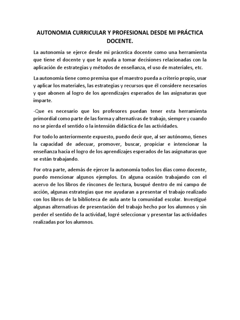 Autonomia Curricular y Profesional Desde Mi Práctica Docente | PDF