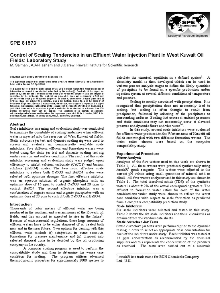Spe-81573-Ms Water Injection Plant in Kuwait Oil Fields | PDF | Water ...