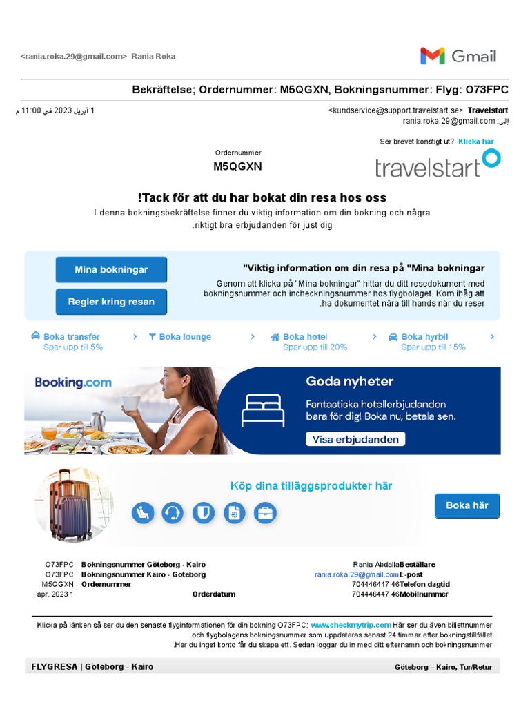 Bekräftelse Ordernummer: M5QGXN, Bokningsnummer: Flyg: O73FPC | PDF