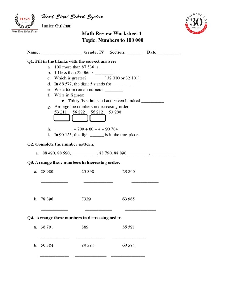 Grade IV - Review Worksheet # 1 and 2 | PDF | Mathematics | Arithmetic