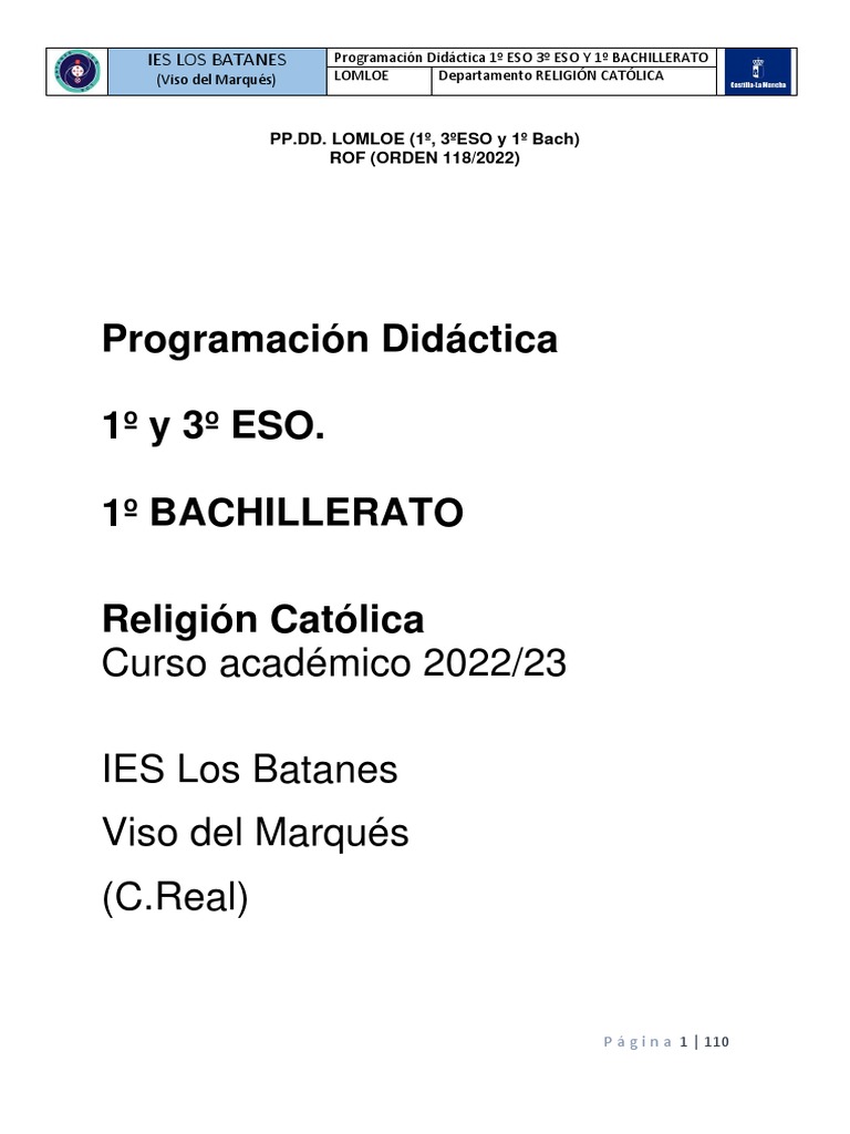 Programacion Religion Lomloe 1o 3o y 1o Bachillerato | PDF | Plan de estudios | Aprendizaje