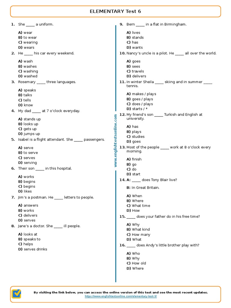 Elementary English Test 6 Answers | PDF
