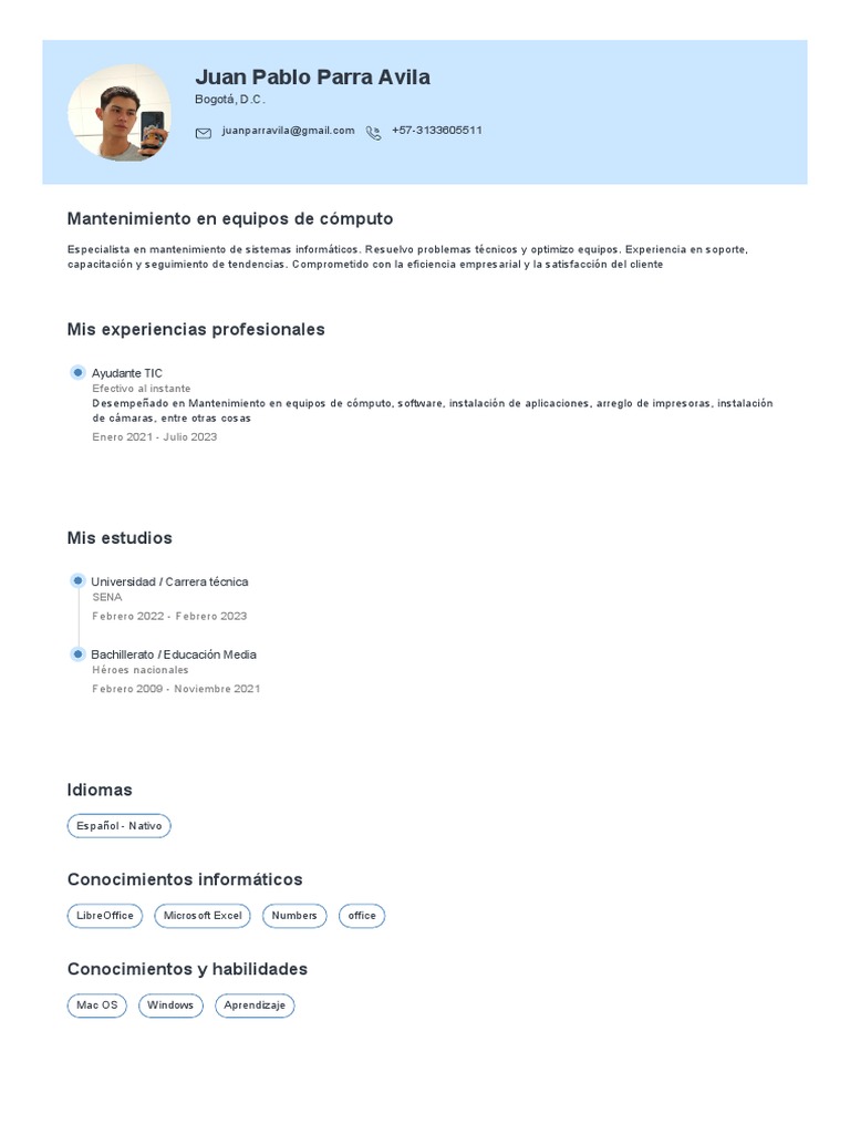 Hoja de Vida Juan Pablo Parra Avila | PDF