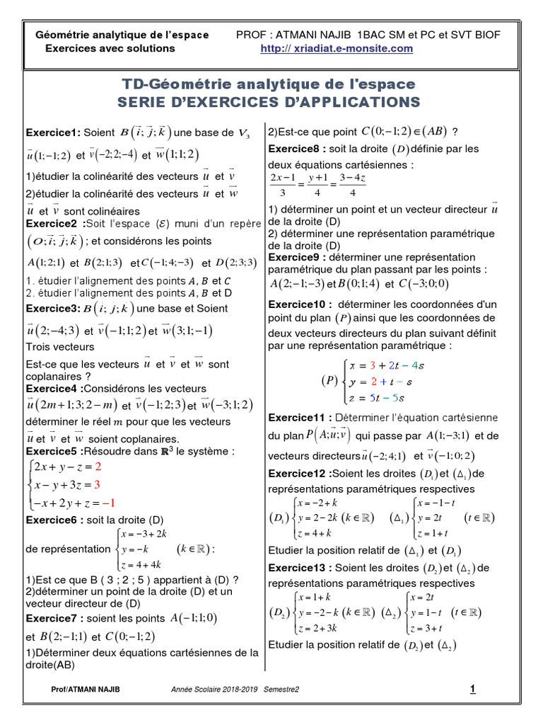 Geometrie Analytique de L Espace Serie D Exercices 1 | PDF | Géométrie ...