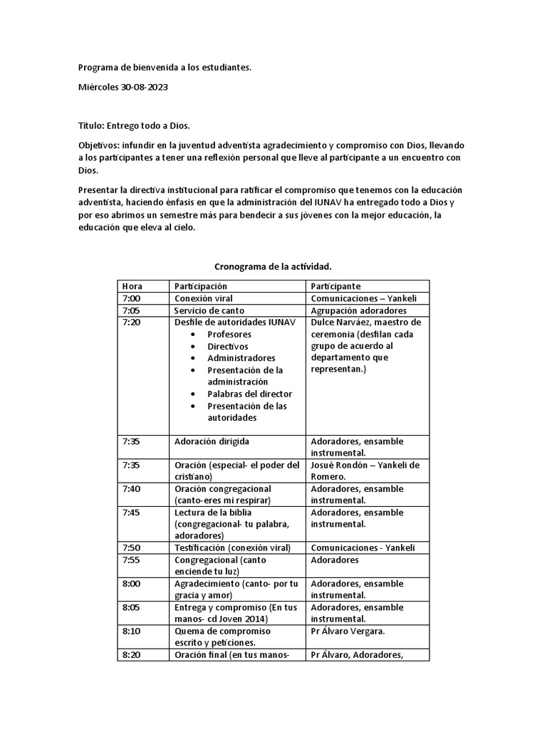 Programa de Bienvenida Institucional 30 - 8 - 23 | PDF