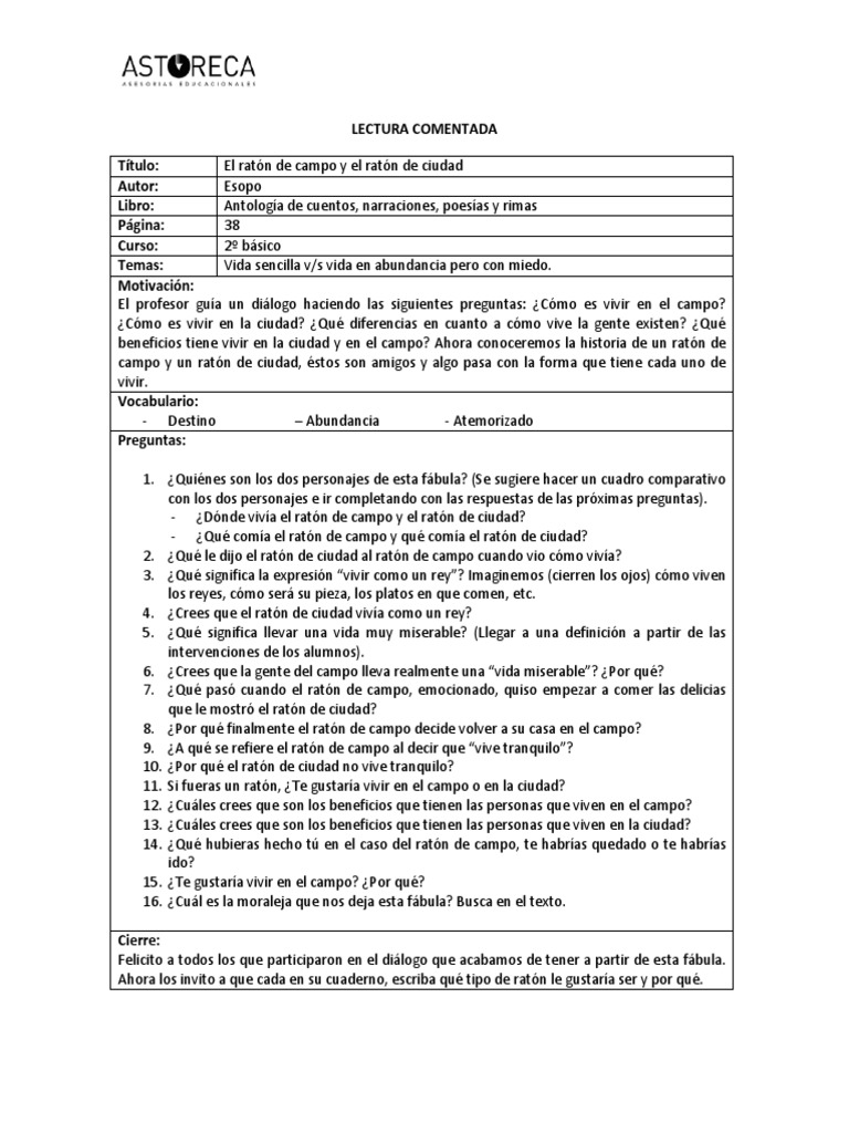 Actividad para Texto El Ratón de Campo y El Ratón de Ciudad | PDF
