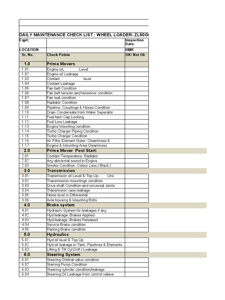 Wheel Loader Daily Maintenance Checklist | PDF | Transport | Car