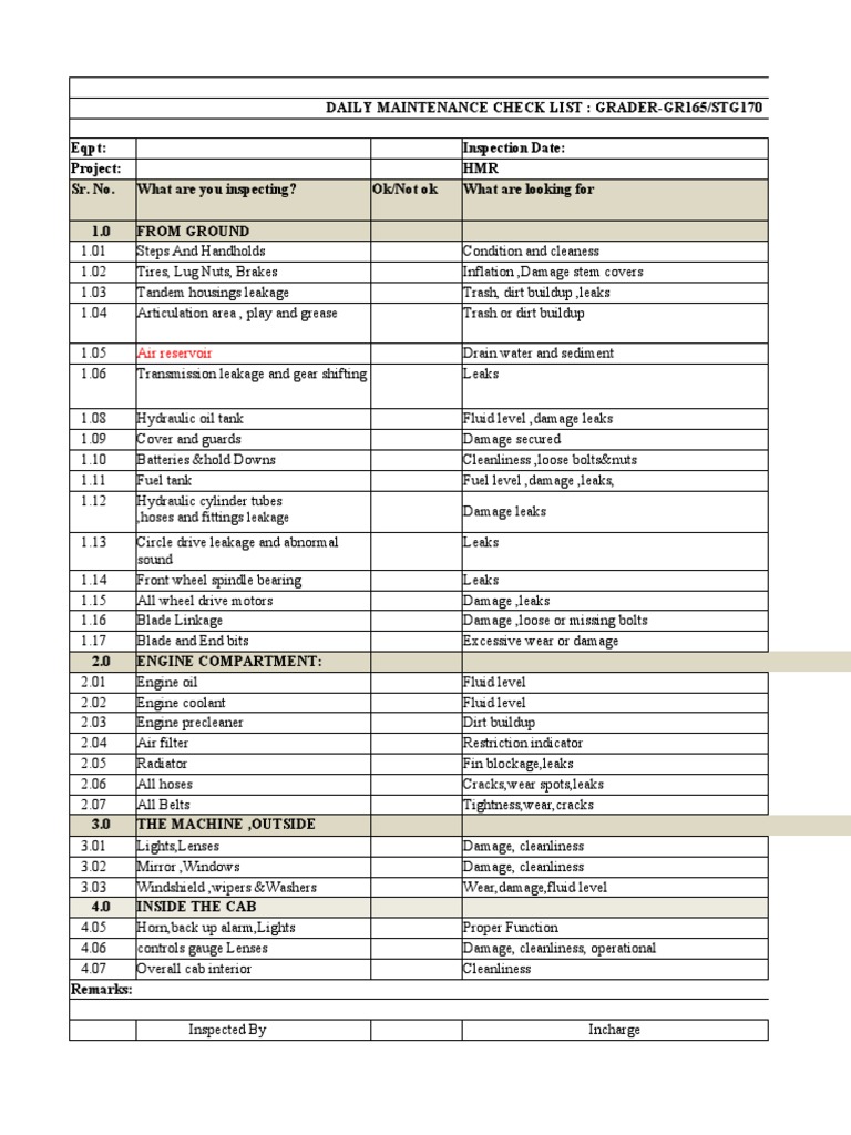 Daily Checksheet - Grader | Download Free PDF | Leak | Automotive Technologies