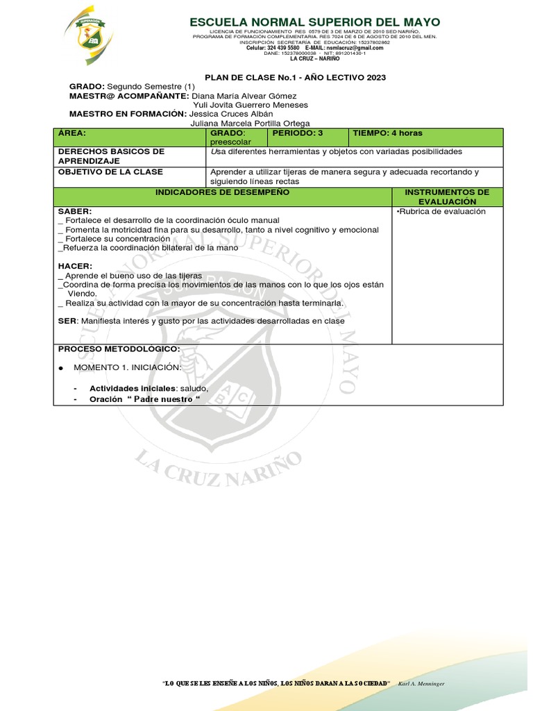 Formato Plan de Clase Preescolar | PDF | Educación de la primera infancia | Aprendizaje