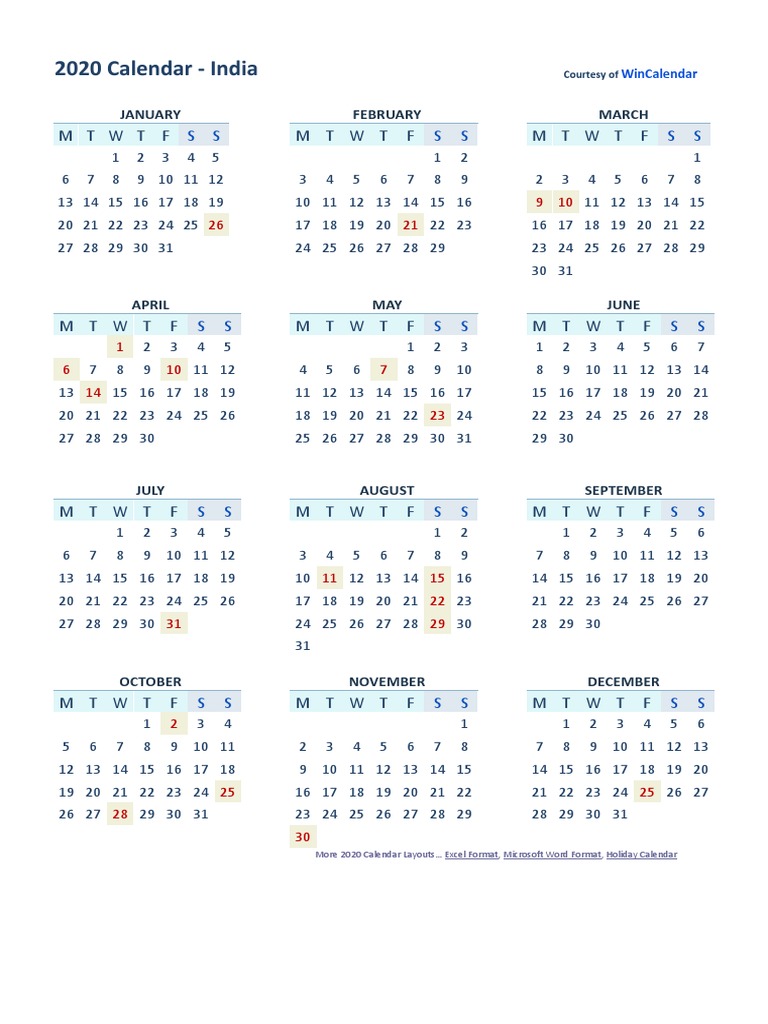 2020 Calendar One Page India | PDF | Holidays | Indian Religions